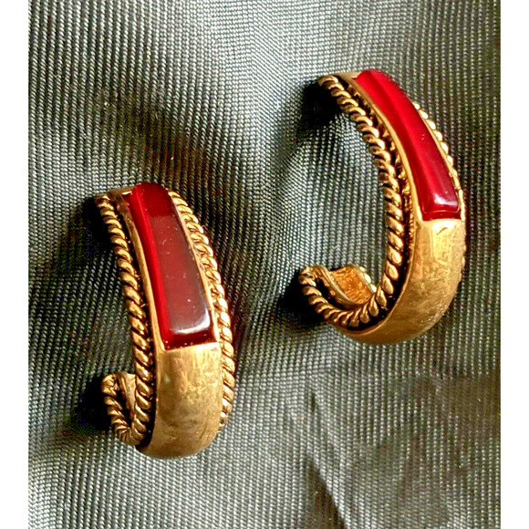 Unbranded | Jewelry | Vintage Brass Red Glass Inlay Hoop Earrings Long ...